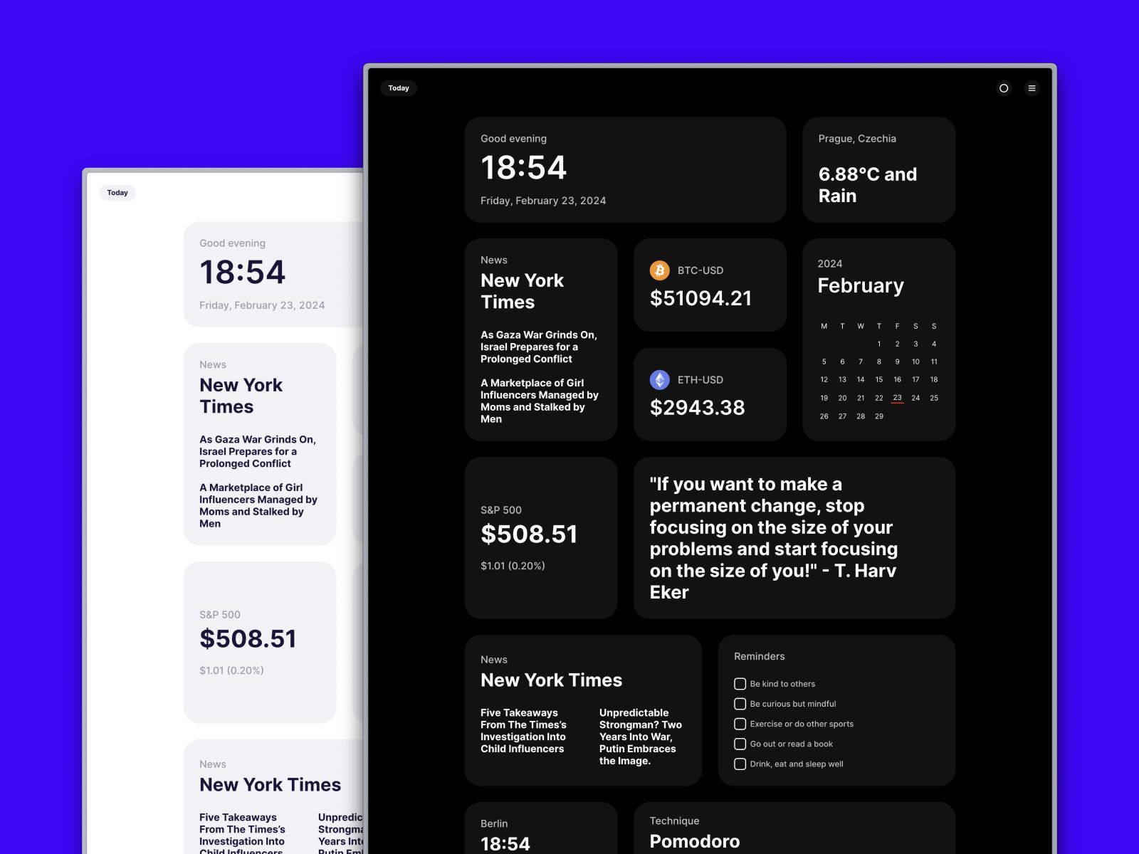 Today - Dashboard with weather, news, times, crypto and timer ...